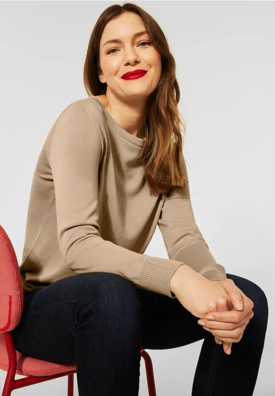 STREET-ONE Pullover mit U-Boot Kragen für Damen in Beige | STREET-ONE